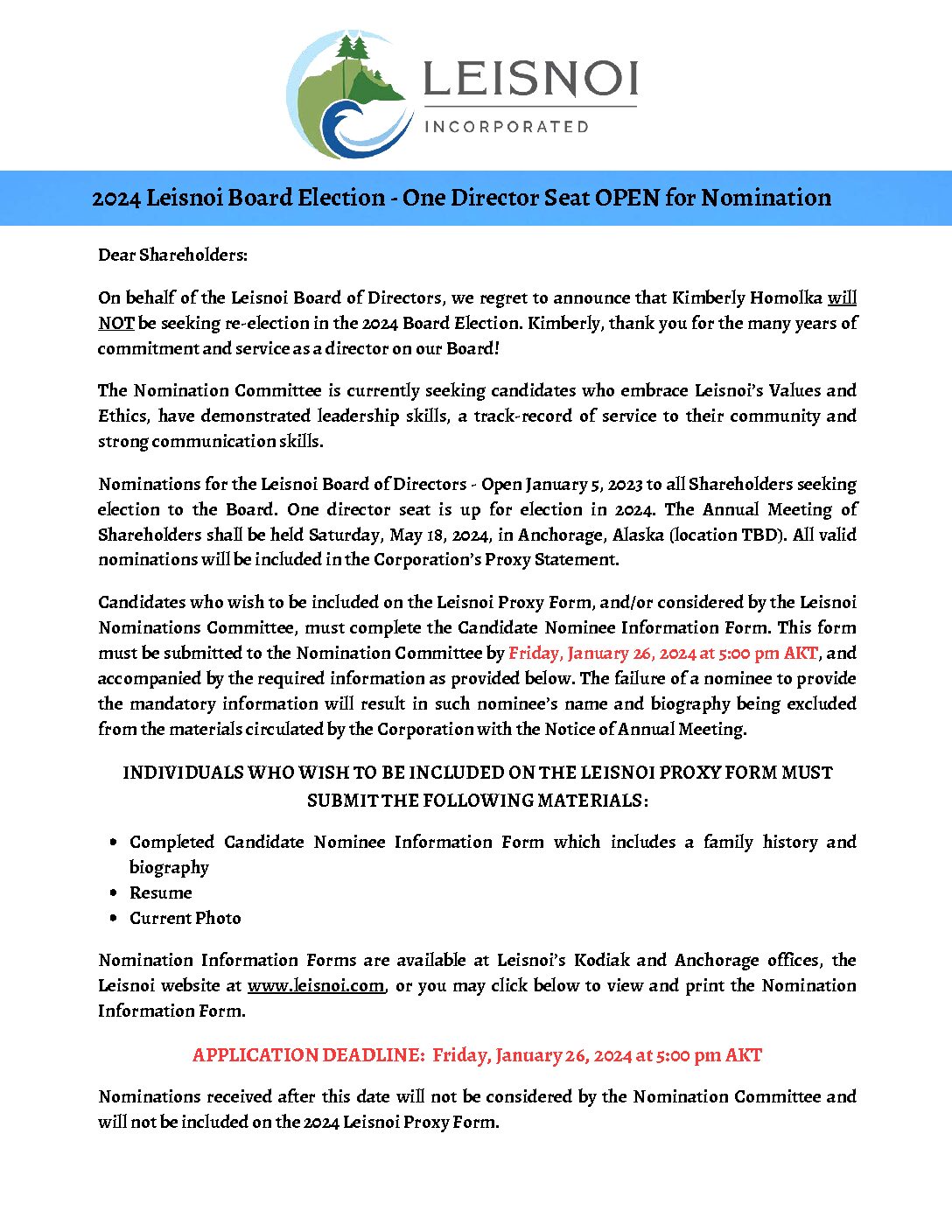 2024 Leisnoi Board Election – One Director Seat Open for Nomination ...